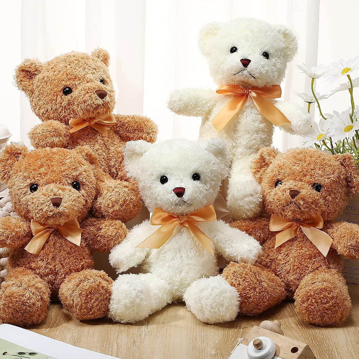 18 Pcs Bear Stuffed Animals Bulk 12 Inch Soft Plush Bears Doll Small Stuffed Bear Toy with Bows for Boy Girl Baby Shower Christmas Birthday Decor Gift Party Favors (Light Brown, White)