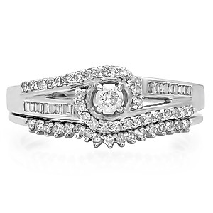 Dazzlingrock Collection 0.50 Carat (ctw) 10k Round & Baguette Diamond Women Swirl Engagement Matching Band Halo Style Bridal Ring Set 1/2 CT, White Gold, Size 6
