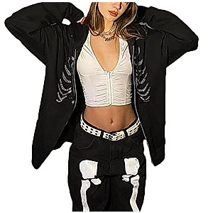 Women Y2K Long Sleeve Zip Up Hoodie Jacket Skull Vintage Casual Cardigan Sweatshirt with Pocket (Rhinestone Skeleton Black, S)