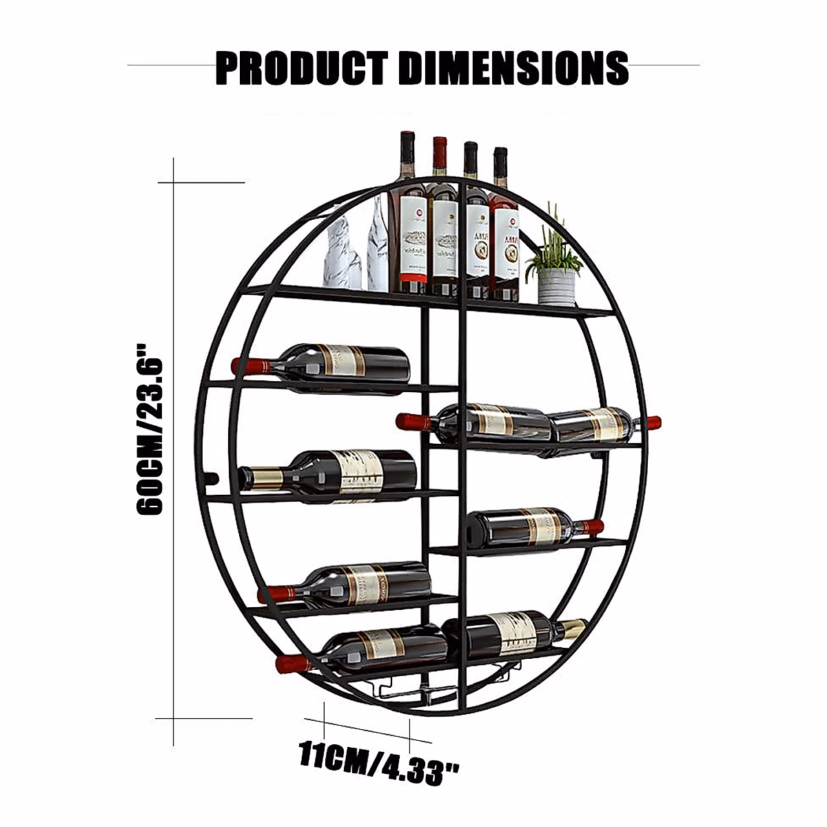 Wall Mounted Wine Rack,Round Wine Glass Goblet Holder,Metal Hanging Wine Rack for Bar Wine Cellar Kitchen Storage Display (60x10x60cm(24x4x24inch))