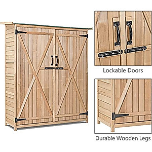 Goplus Outdoor Storage Cabinet, Double Lockable Wooden Garden Shed with 3 Shelves and Waterproof Asphalt Roof, Outside Lean to Shed, Vertical Tall Tool Shed for Patio Yard Lawn
