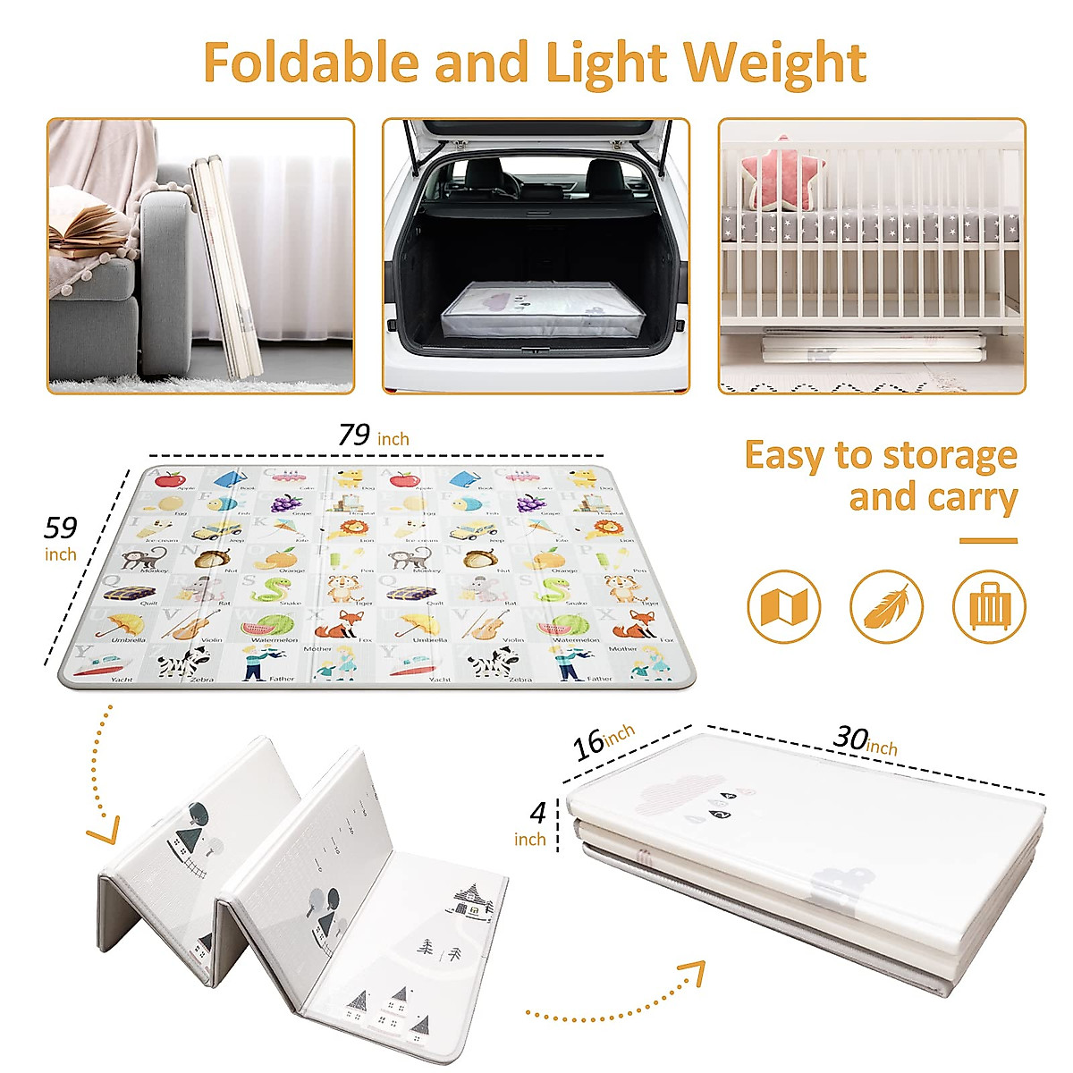 Pufeng Baby Play Mat 79" X 59", Reversible Foldable Baby Playmat, Waterproof Anti-Slip Foam Floor Playmat Non-Toxic Portable Baby Crawling Mat for Infants, Toddler, Kids, Indoor Outdoor Use