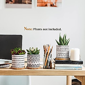 JOFAMY Succulent Pots, 4 Pack Ceramic Planters for Indoor Plants, Boho Original Design Flower Pots with Drainage Hole, Bamboo Tray. Stylish Plant Pots for Succulents, Aloe, Cactus, Home Office Decor