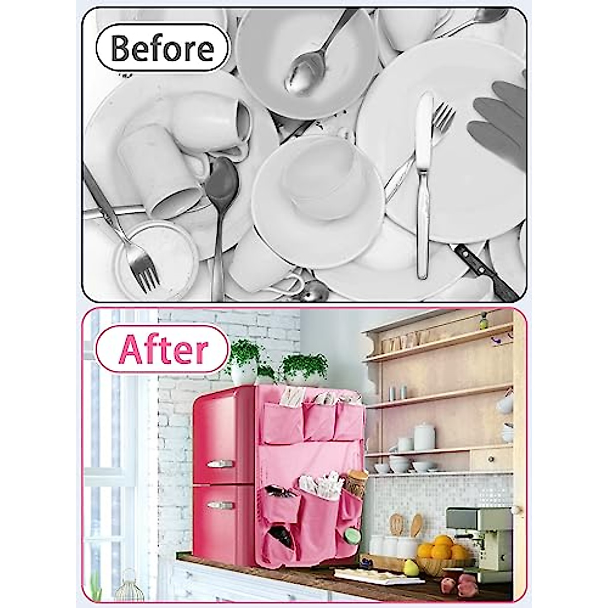 Extended Mini Fridge Caddy Organizer- 55" x 16.5" Dorm and Office Over the Fridge Caddy Organizer with 11Pockets for Flatware Drink Paper Goods- Over the Fridge Storage Organizer for Dorm Office, Pink