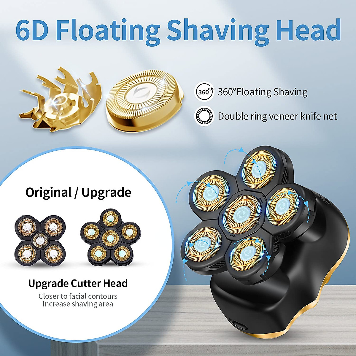 Electric Shaver for Men Rechargeable Bald Head Shavers Waterproof Mens Electric Shaver Rotary Electric Razor Cordless Shavers for Men Wet & Dry Grooming Shaving Facial Shaver for Men (Gold)