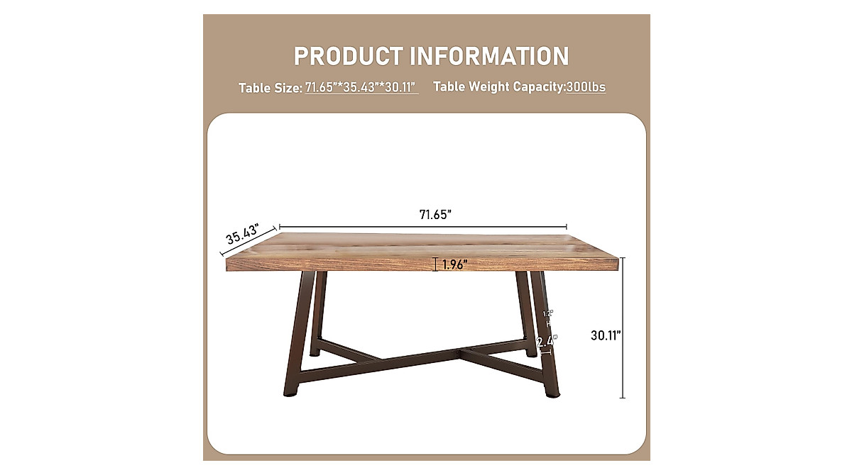 72" Solid Wood Farmhouse Dining Table - Seats 6-10