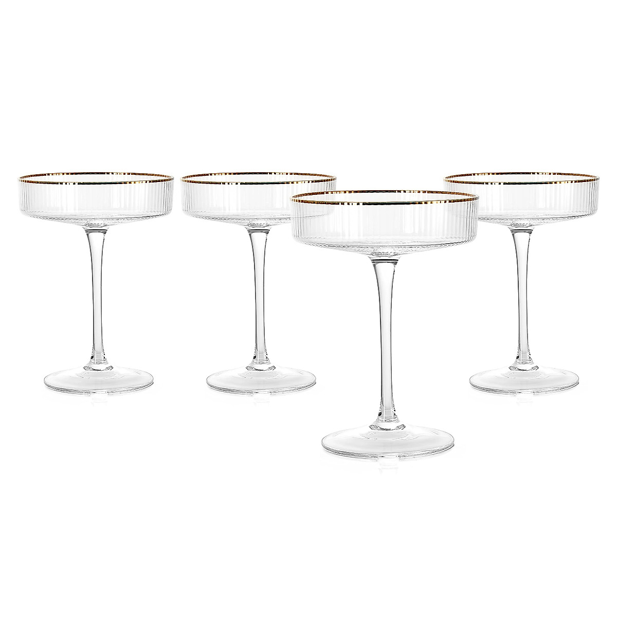 Ribbed Coupe Glasses With Gold Rim, For Martini, Champagne, Cocktails | Set of 4 | 8 oz Classic Manhattan Glasses Speakeasy Cocktail, Ripple Coupes Glasses, Art Deco Gatsby Vintage, Crystal Stemmed