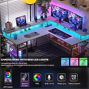 Unikito L Shaped Desk with LED Strip and Power Outlets and Rolling Printer Stand with LED Lights File Cabinet, Home Office Desk and Lateral Office Storage Filing Cabinet, White