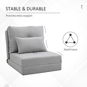 HOMCOM Convertible Flip Chair, Floor Lazy Sofa, Folding Upholstered Couch Bed with Adjustable Backrest, Metal Frame and Pillows for Living Room Bedroom, Light Grey