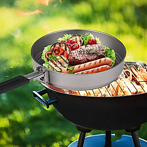 fangzi Frying pan, 1100ml Titanium Fry Pan Ultralight Grill Frying Pan with Folding Handle for Outdoor Cooking Camping Hiking Backpacking