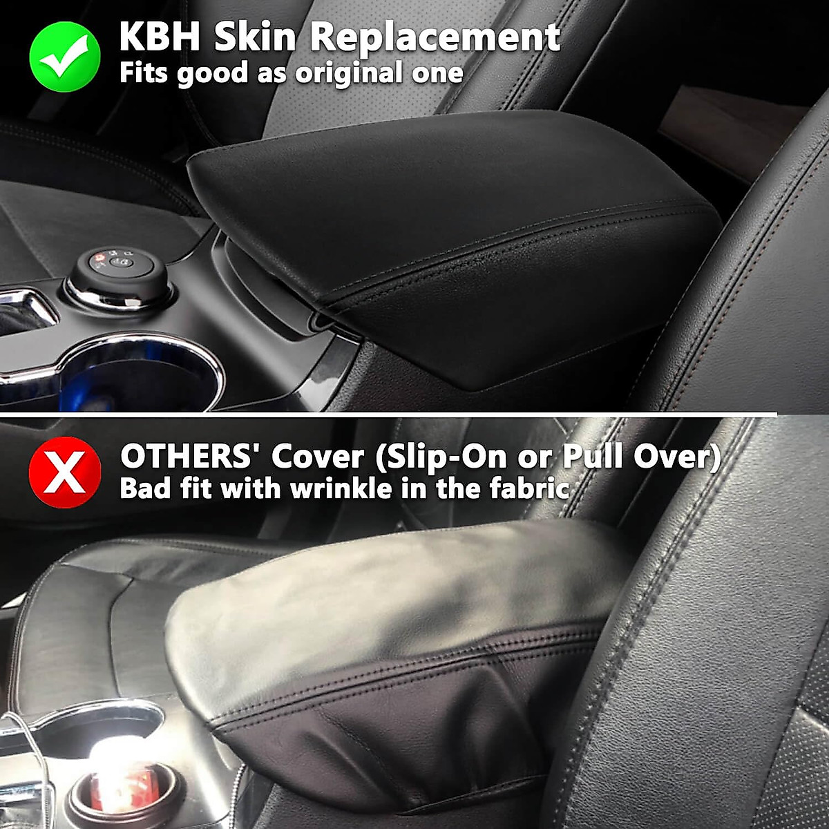 KBH Car Front Center Console Armrest Cover Replacement for Ford Explorer 2011-2019, Vinyl Leather, Middle Console Arm Rest Skin Upholstery, Anti-Scratch, Black (Without Lid)