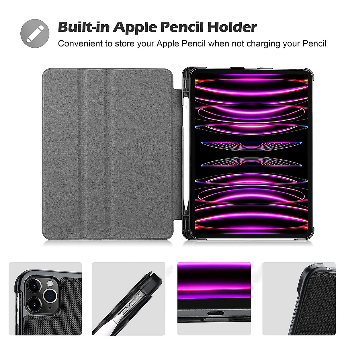 ProCase iPad Pro 12.9 Inch Case 2022 2021 2020 2018 with Pencil Holder, Folio Stand Smart Cover for iPad Pro 12.9 6th Gen 2022/5th Gen 2021/ 4th Gen 2020/ iPad Pro 12.9" 3rd Gen 2018 -Black
