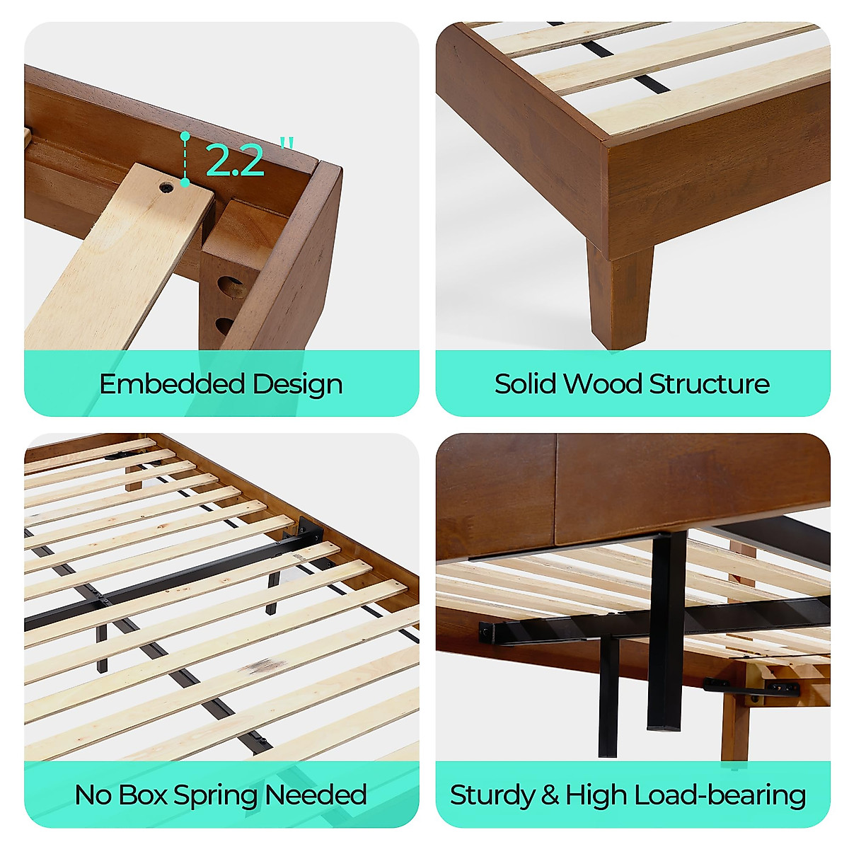 LINSY Queen Bed Frame, Wood Platform Bed Frame with headboard, Solid Wood Bed with Wood Slat Support, No Box Spring Needed, Easy Assembly, Walnut, Queen