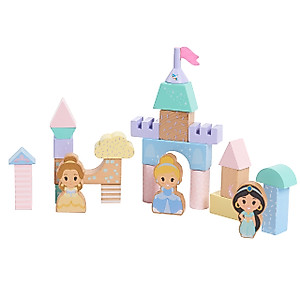 Disney Wooden Toys Princess Castle Block Set, 25-Pieces Include Cinderella, Belle, and Jasmine Block Figures, Officially Licensed Kids Toys for Ages 18 Month by Just Play