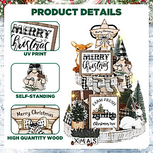 FairySandy 13 Pcs Christmas Tiered Tray Decor Set Xmas Black and White Plaid Gnome Wooden Tabletop Signs Elk Gnome Truck Rustic Farmhouse Winter Decorative Trays Cozy Christmas Decor for Home Kitchen