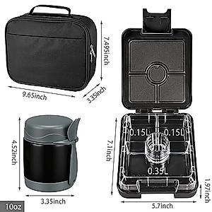 Bento Lunch Box Set for Kids with 10oz Soup Thermo, Leak-Proof Lunch Containers with 4 Compartment, Kids Thermo Hot Food Jar and Insulated Lunch Bag for Kids to School,BPA-Free(Black)