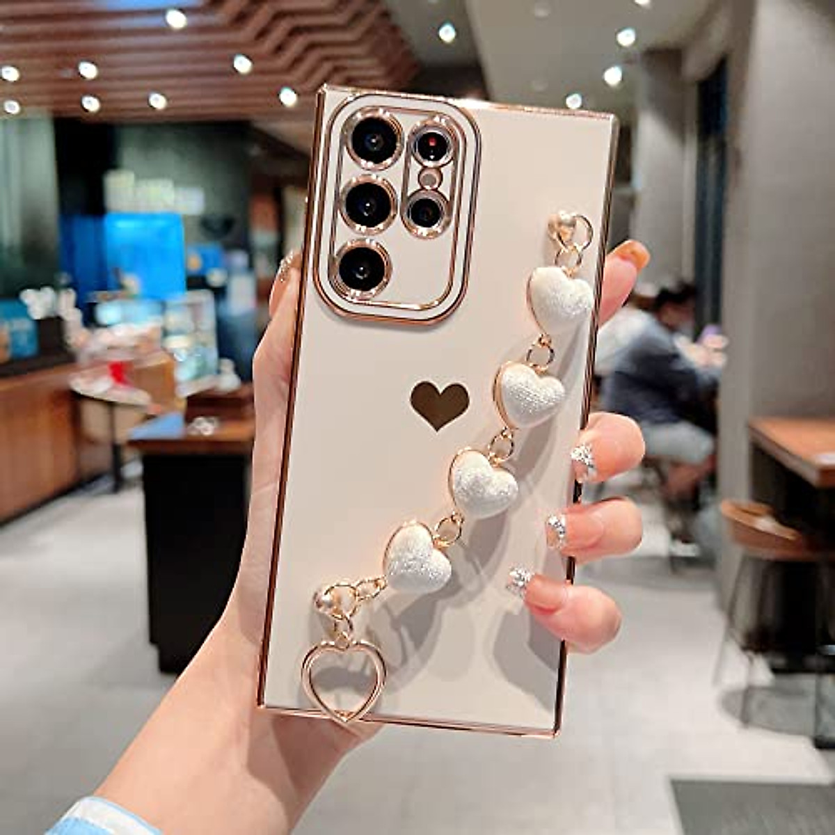 VANIPUFF Samsung Galaxy S23 Ultra 5G 6.8" Case - Luxury Heart Bracelet, Cute Love Hearts Cover, Camera Protection, Shockproof Bumper (White)