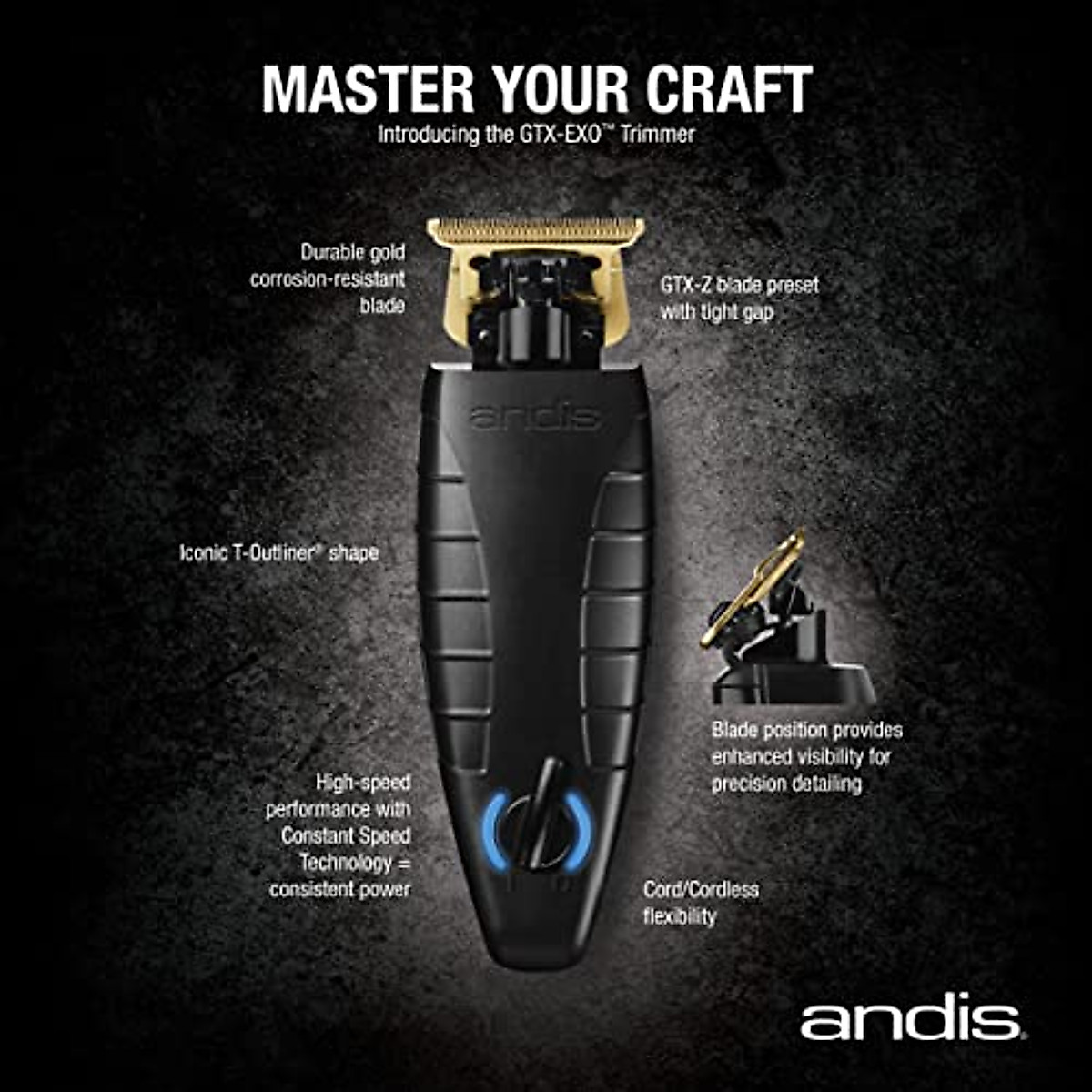 Andis 74100 GTX-EXO Professional Cord/Cordless Lithium-ion Electric Beard & Hair Trimmer with Charging Stand, Black