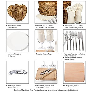 PICNIC TIME Heart Wicker Picnic Basket, 2 Person Set, Couple Gifts, (Antique White)