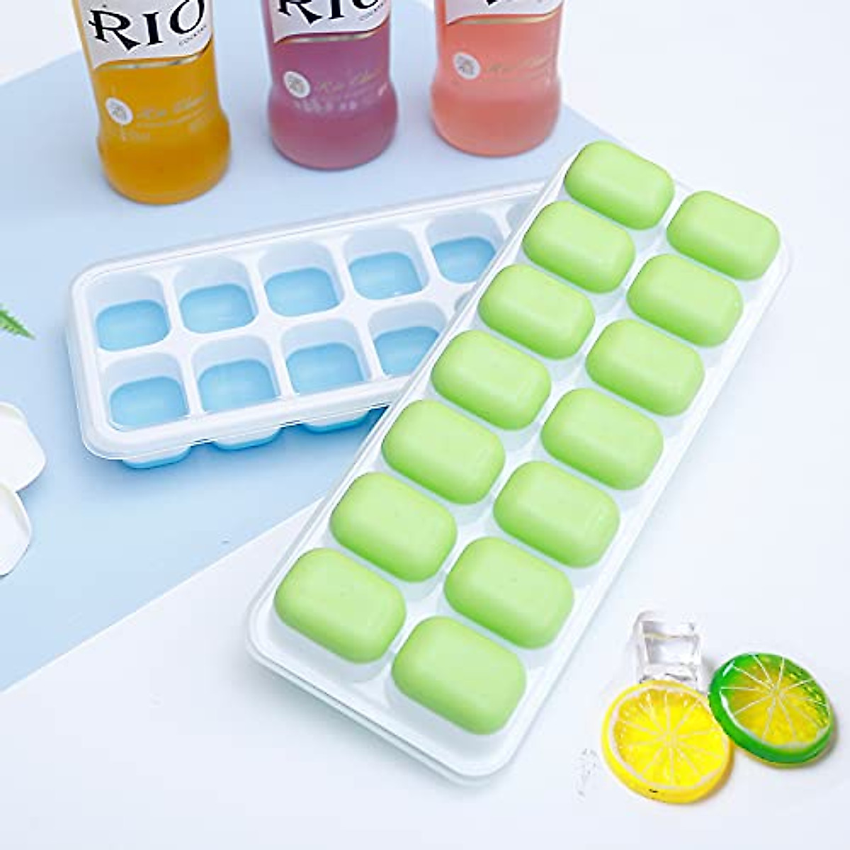 4 Pack Silicone stackable Ice Cube Trays, Reusable Flexible Silicone Ice Cube Trays with Spill-Resistant Removable Lids, Easy Release Ice Maker Tray - Easy to Use & Dishwasher Safe (Blue)