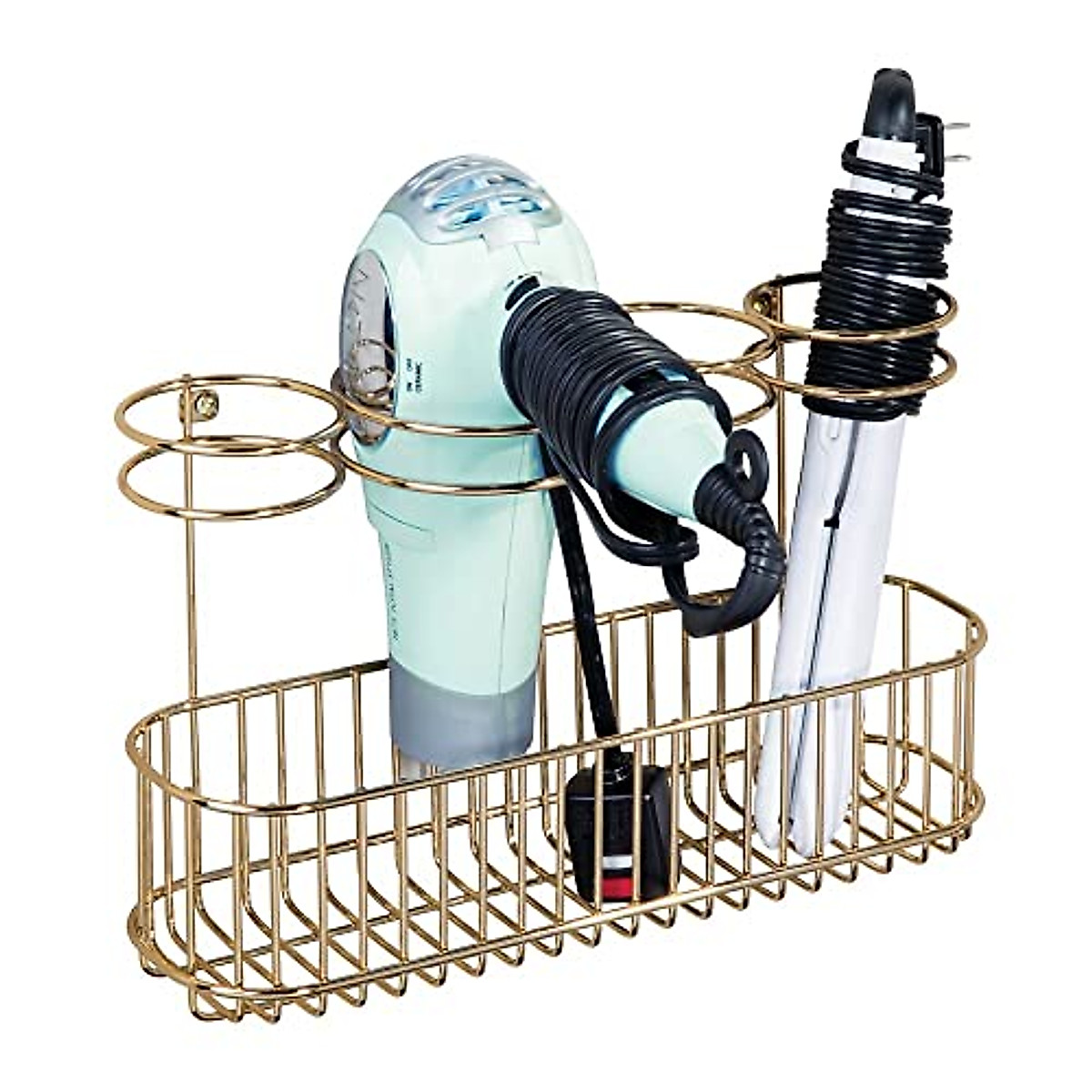 mDesign Metal Wire Cabinet/Wall Mount Hair Care & Styling Tool Organizer - Bathroom Storage Basket for Hair Dryer, Flat Iron, Curling Wand, Hair Straightener, Brushes - Holds Hot Tools - Brass
