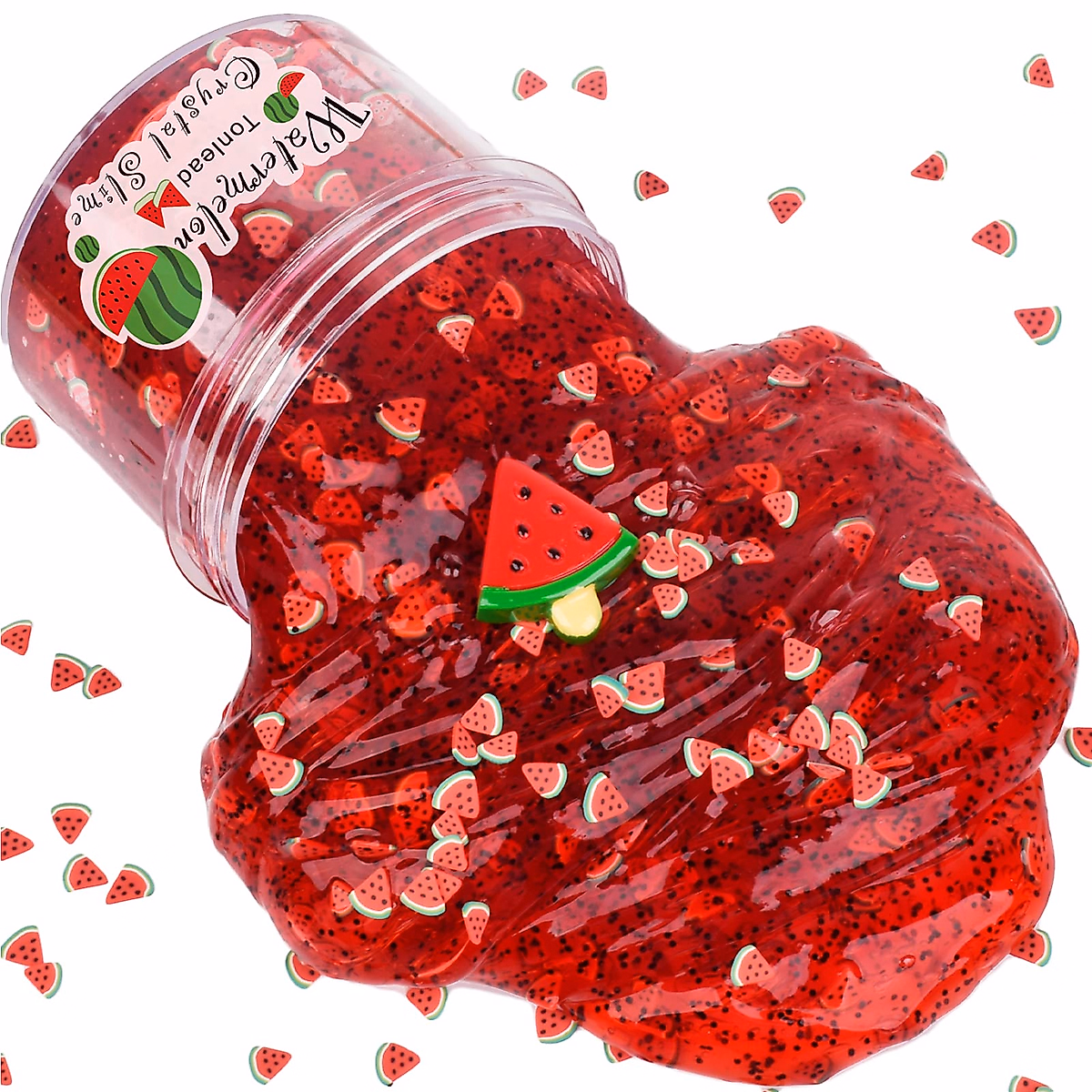 Tonlead Watermelon Crystal Clear Slime with Glitters, 7oz Soft Jelly Slime Non Sticky Premade Clear Crystal Slime for Girls Boys, DIY Cotton Mud Bubble Slime Stretchy Putty Kids Birthday (Red)