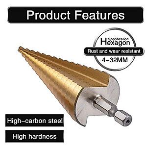 HOHXEN 1/4 Hex Shank Titanium Step Drill Bit High Speed Steel 15 Steps Hex Shank 4-32MM