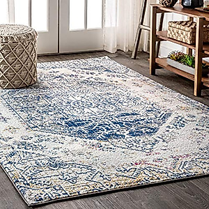 JONATHAN Y MDP203A-5 Modern Persian Boho Vintage Bohemian Indoor Area-Rug Country Easy-Cleaning Bedroom Kitchen Living Room Non Shedding, 5 ft x 8 ft, Cream,Blue