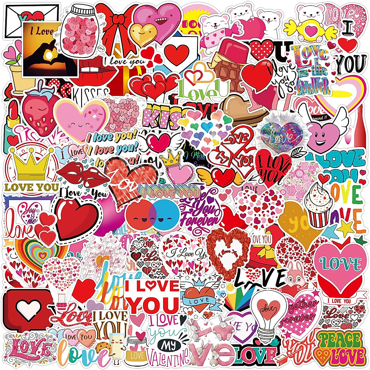 100PCS Valentine's Day Stickers Love Stickers, Love Heart Stickers Vinyl Waterproof Romantic Valentine Stickers for Laptops Gifts Water Bottles Scooters and Valentine's Day Wall Window Decorations
