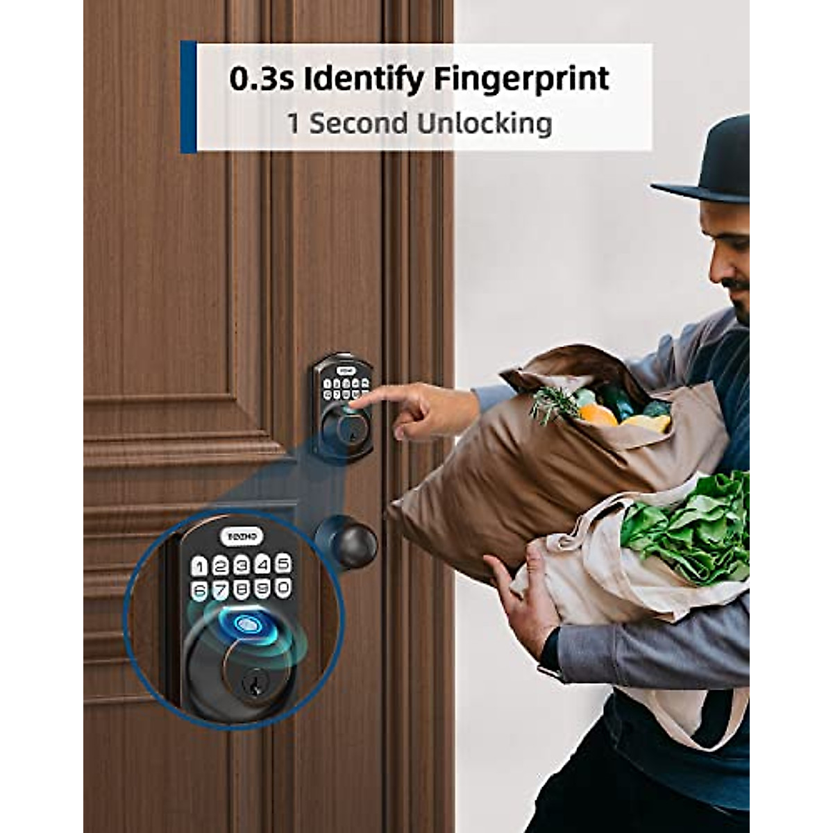 TEEHO TE002K Fingerprint Door Lock Set - Keyless Entry Door Lock with Handle - Door Knob with Keypad Deadbolt - Smart Locks for Front Door - Auto Lock - No Need App - Easy Installation - Bronze