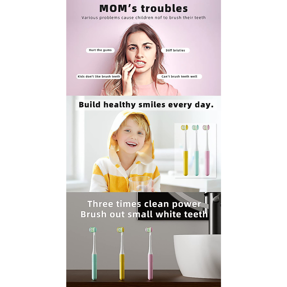 LEYUYO 3 Sided Toothbrush Kids, Soft Bristles Toddler Toothbrush, Boys Girls Toothbrush, Autism Training Toothbrush, 360° Oral Teeth Cleaning