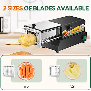 Huanyu Commercial French Fry Cutter Machine Electric Potato Cutter Professional Stainless Steel Fry Cutter with 2 Blades for Potato, Sweet Potato, Carrot, Apple (Black)