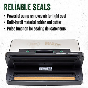 LEM Products MaxVac 250 Stainless Steel Vacuum Sealer with Built-In Bag Holder and Cutter, Silver and Black