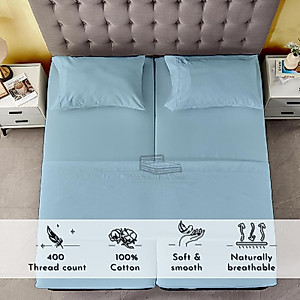 5 Piece Split King Sheets Sets for Adjustable beds - 400 Thread Count 100% Cotton (Light Blue Solid)