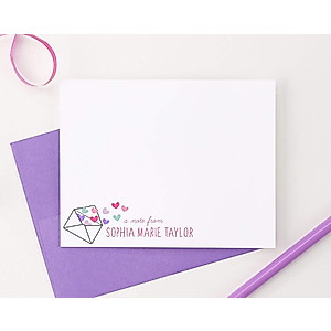 Personalized Girls Stationary with Envelopes FLAT NOTE CARDS, Heart Stationary with Envelopes, Personalized Girls Note Cards with Heart Note Cards with Envelopes, Your Choice of Colors and Quantity