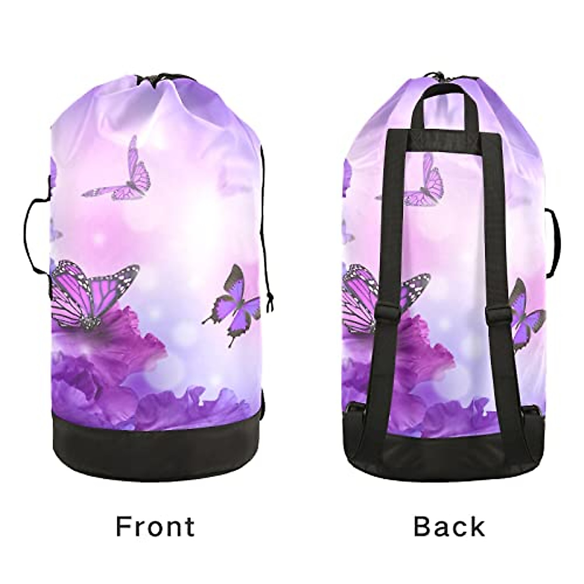 Laundry Bag, Butterfly Purple Large Laundry Backpack Dirty Clothes Organizer with Adjustable Shoulder Straps for College Dorm, Apartment, Travel Camp