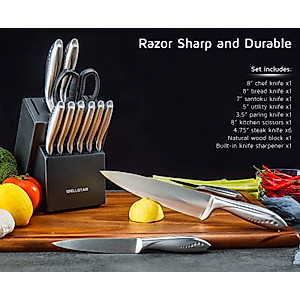 WELLSTAR Knife Set, Super Sharp German Stainless Steel Kitchen Knives Set with Wooden Block, Durable All Stainless Steel Handle, Chef’s Knife Block Set 14-Piece with Scissors and Built-in Sharpener