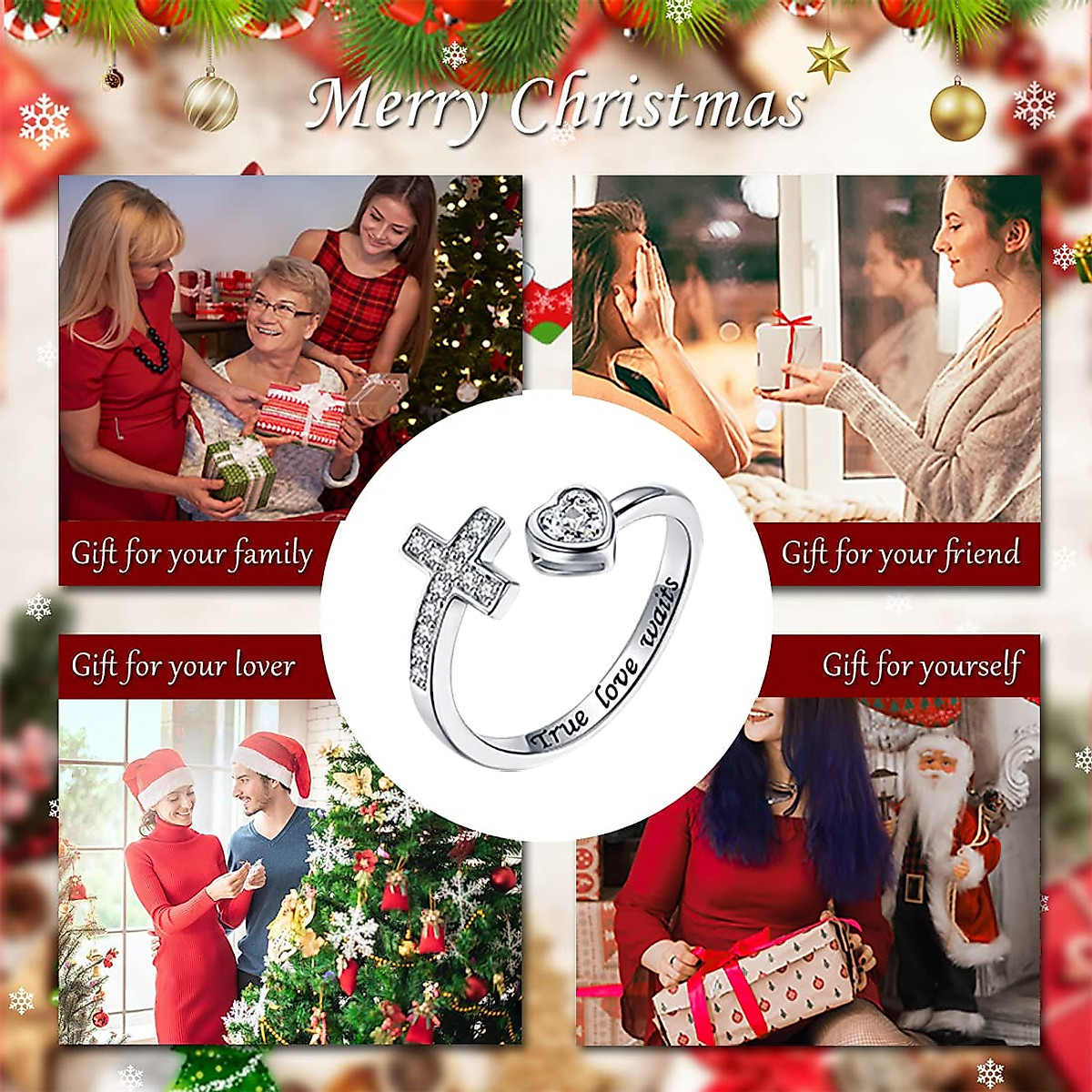 APOTIE 925 Sterling Silver Cross Ring - True Love Wait Purity Ring Cubic Zirconia Adjustable Ring Jewelry Gift for Women