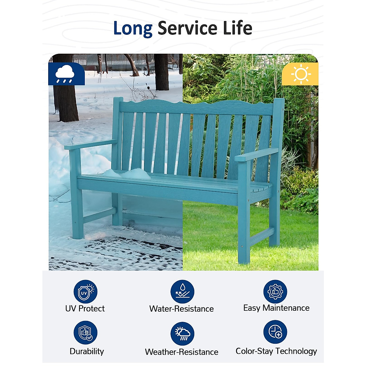 LAHAAP Outdoor Bench Weatherproof, 2-Person Garden Benches for Outdoors, All Weather HIPS Patio Bench Holds up to 800lbs, Never Rot or Fade, Comfort Bench for Porch, Garden, Patio, Backyard and Park