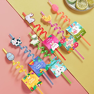 24 Easter Party Favors Easter Eggs Bunny Carrot Chicken Cow Sheep Drinking Straws for Kids Easter Gifts,Easter Party Supplies Decorations with 2 PCS Straws Cleaning Brush
