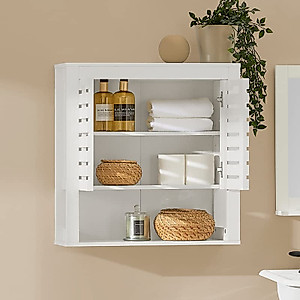 Haotian Bathroom Wall Cabinet, Medicine Cabinet, Wall Storage Cabinet, Cupboard with 2 Slatted Doors for Bathroom, Kitchen, Laundry Room and Garage, White BZR51-W