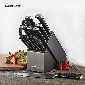 Farberware 15-Piece Forged Triple Riveted Knife Block Set, High Carbon-Stainless Steel Kitchen Knives, Razor-Sharp Knife Set with Wood Block, Graphite