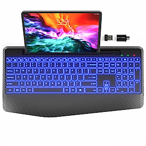 SABLUTE Wireless Keyboard with 7 Colored Backlits, Wrist Rest, 2.4G Computer Gaming Keyboard with Phone Holder, Rechargeable Full Size Ergonomic Keyboard with Silent Keys for MacBook, PC, Laptop