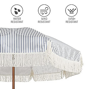 AMMSUN 7ft Patio Umbrella with Fringe Outdoor Tassel Umbrella UPF50+ Premium Steel Pole and Ribs Push Button Tilt,Navy Blue Stripes