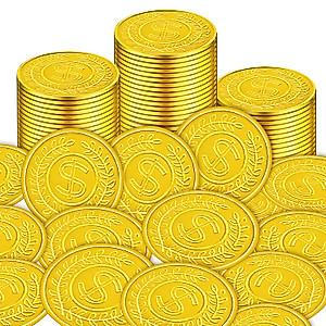 100 Count Plastic Gold Coins Set, Pirate Treasure Gold Play Coins for Kids Party Theme Props Decorations, Lucky Draw Games Treasure Hunt