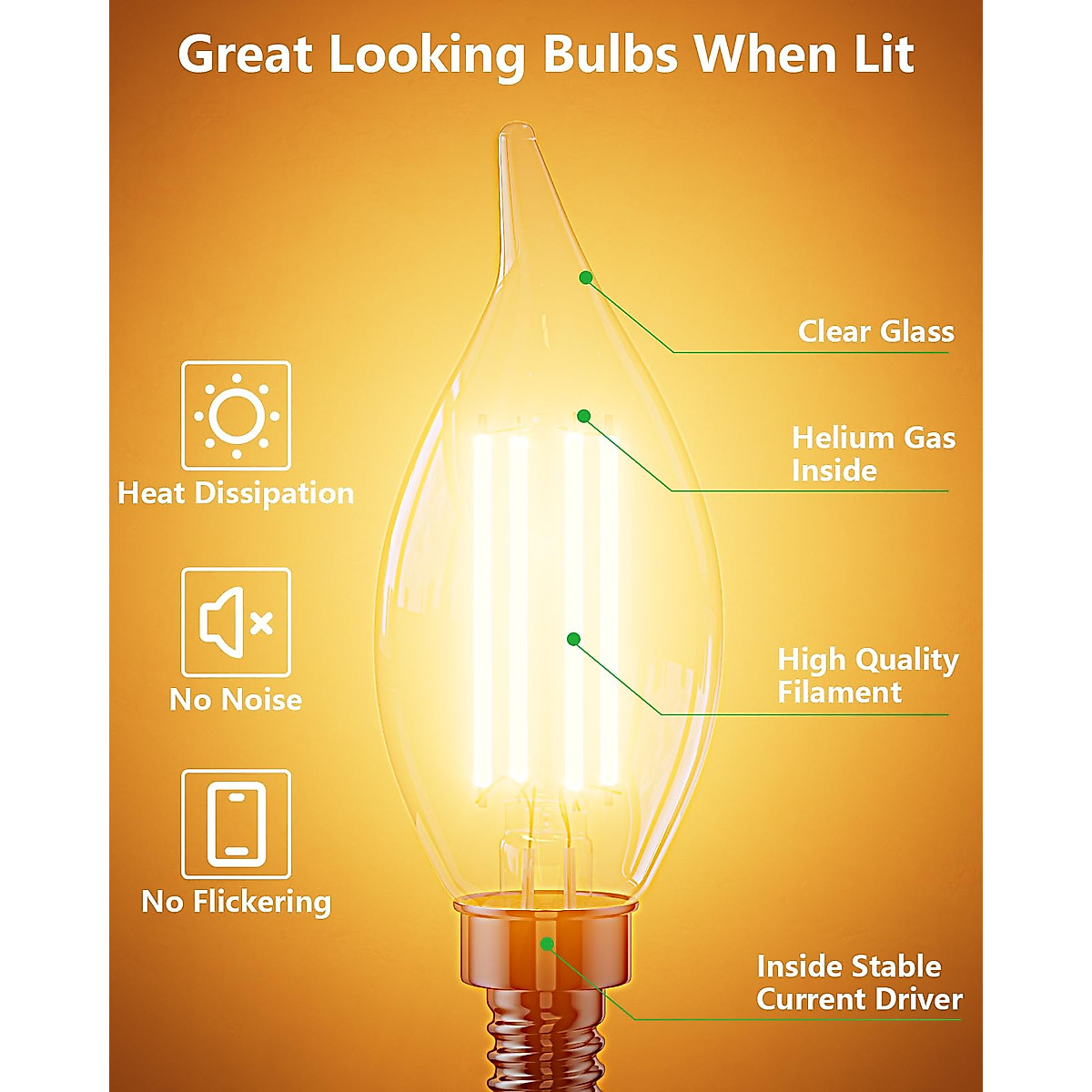 CYLYT E12 Chandelier Bulb 60 watt Equivalent, Dimmable LED Candelabra Light Bulbs 6W, 2700K Warm White 650 Lumen Lightbulbs, CA11, UL Listed, Pack of 12