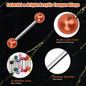 CrazyPiercing 10 Pieces Tongue Rings 16G Faux Pearl Acrylic Tongue Ring Straight Stainless Steel Barbell Body Piercing Jewelry for Men/Women