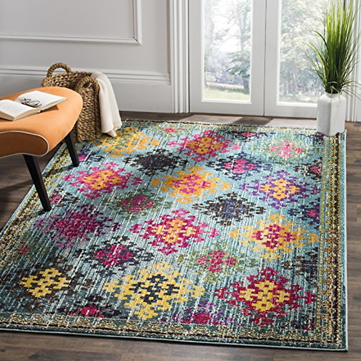 SAFAVIEH Monaco Collection 3' x 5' Blue/Multi MNC244N Boho Diamond Trellis Non-Shedding Living Room Bedroom Accent Rug
