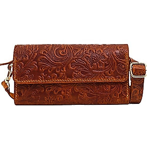 Handmade Small Crossbody Shoulder Bag for Women, Cellphone Bags Adjustable Strap, Leather Card Holder Wallet Purse and Handbags With Zipper Coin Clutch for Teen Girls Bags (Carved Camel)