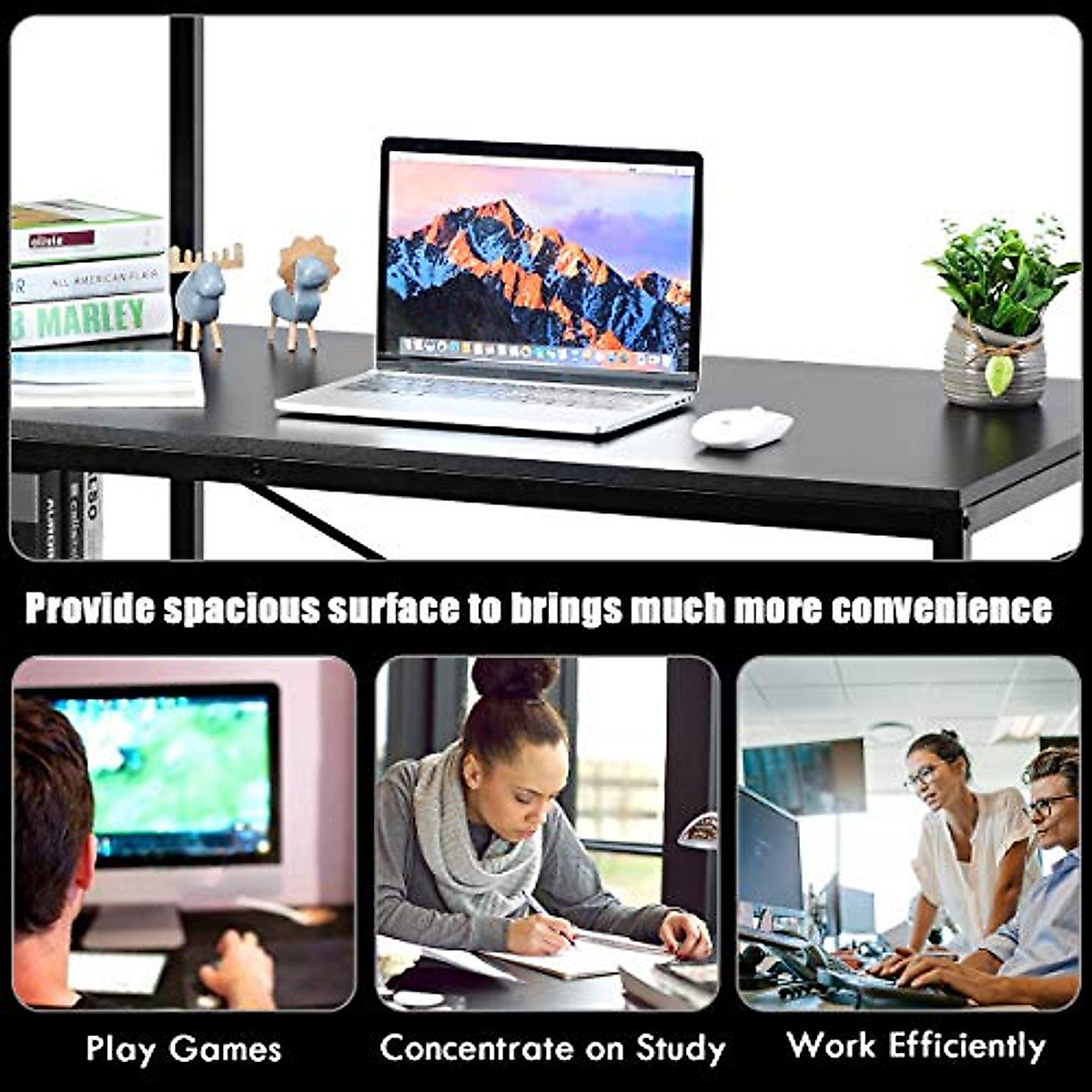 Tangkula Computer Desk with 4 Tier Shelves, Study Writing Table with Storage Bookshelves, Modern Compact Home Office Workstation, 47.5" Tower Desk with Steel Frame & Adjustable Feet Pad, Black